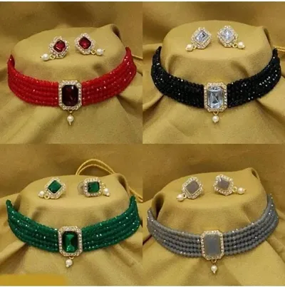 Stylish Fancy Alloy Artificial Stone Choker Jewellery Sets Combo For Women Pack Of 4